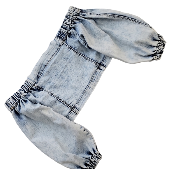 Madrag | Tops | Madrag Stonewash Off Shoulder Puff Sleeve Zip Back Crop ...